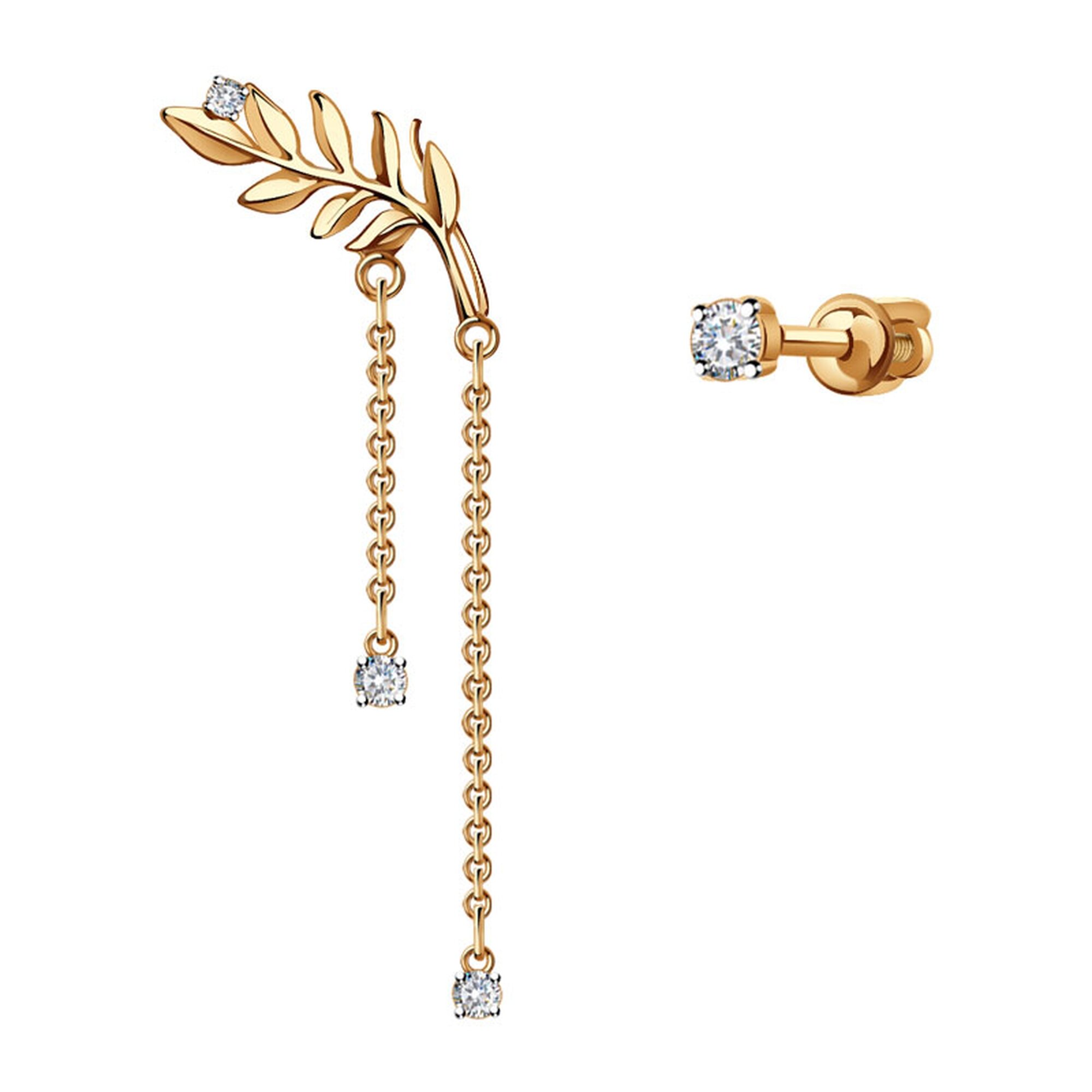 Серьги пусеты, красное золото, 585 проба, фианит