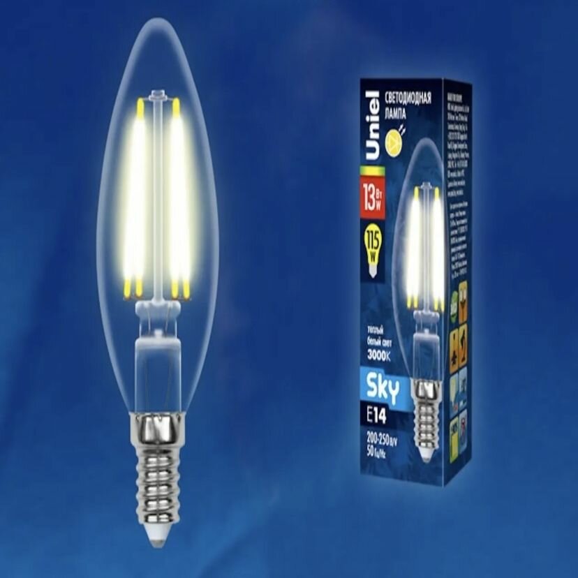 Uniei SKy Светодиодная лампочка 13w(светит как 125w) C35(PLS02WH) E14 3000K теплый, белый свет