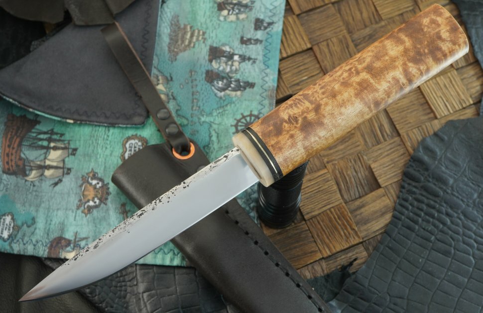 Мастерская Устина Борисова Северный нож средний, сталь Х12МФ, рукоять карельская береза, рог