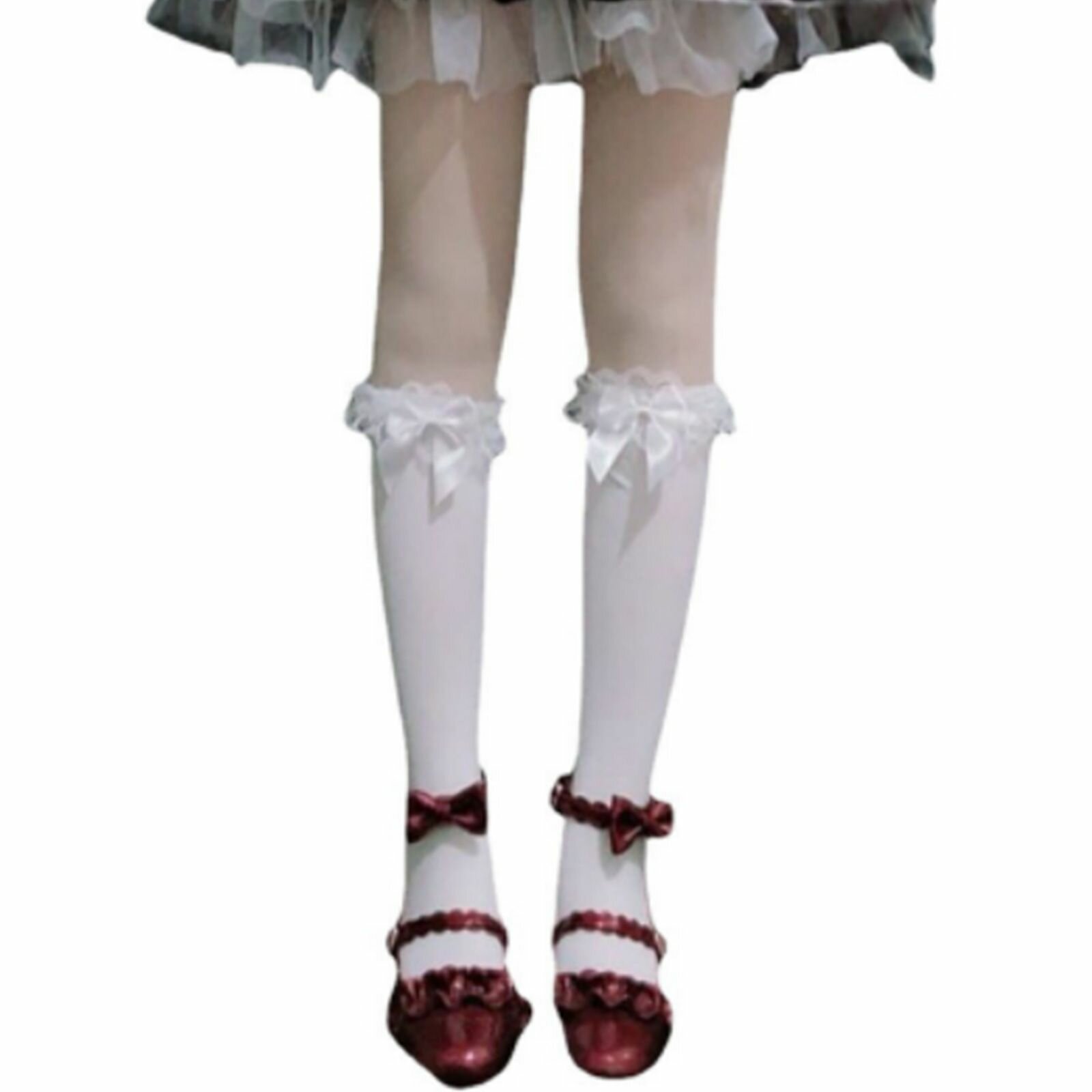 Женские кружевные гольфы с рюшами и бантом, однотонные чулки