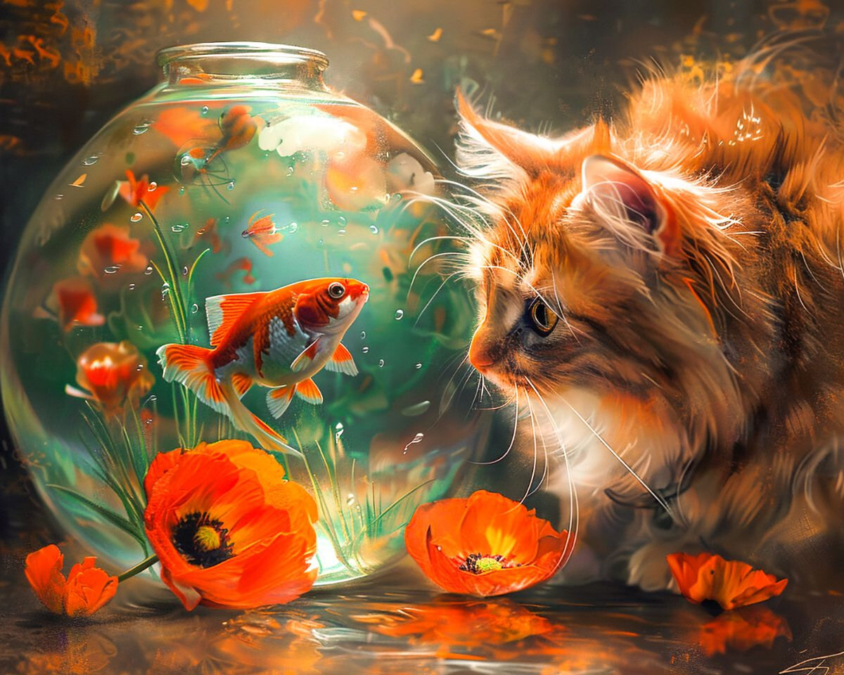 Картина по номерам кот и рыбки 40х50