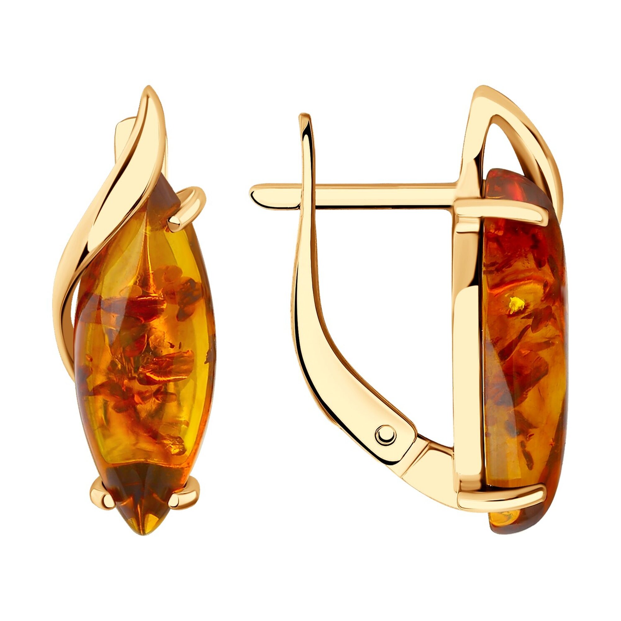 Серьги, красное золото, 585 проба, янтарь