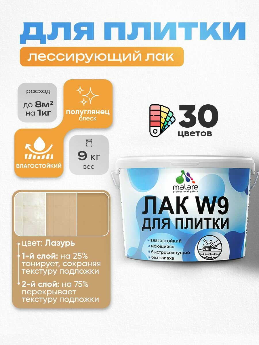 Лак колерованный тонирующий для защиты плитки и кафеля Malare W9 акриловый влагостойкий моющийся быстросохнущий, полуглянцевый, лазурь, 9 кг.