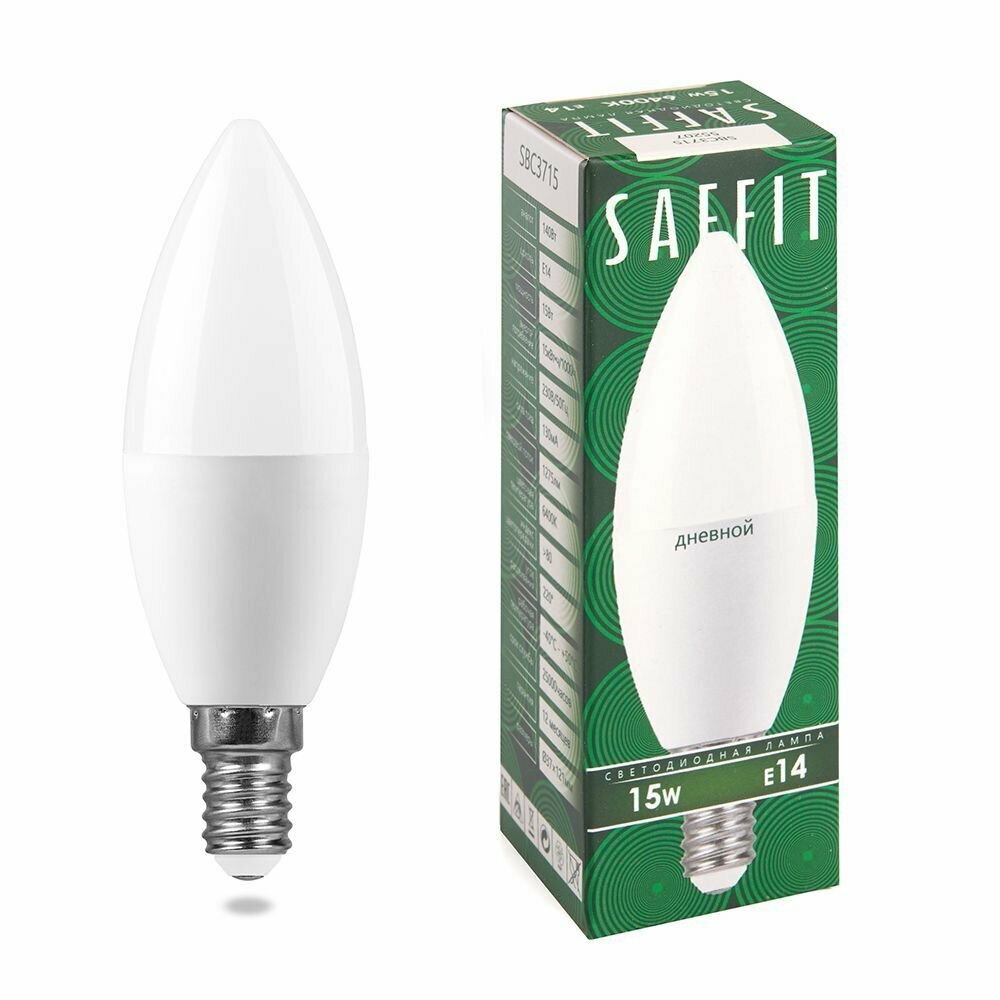 Лампа светодиодная Е14 C37 свеча 15Вт холодная 6500К матовая Saffit SBC