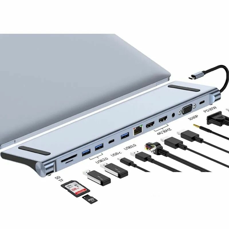 USB-концентратор 12 в 1 Type-C to PD, HDMI 4K 30Hz, USB3.0 2.0 C, SD FT, RJ45 100M Ethernet interface, VGA , 3.5mm AUX