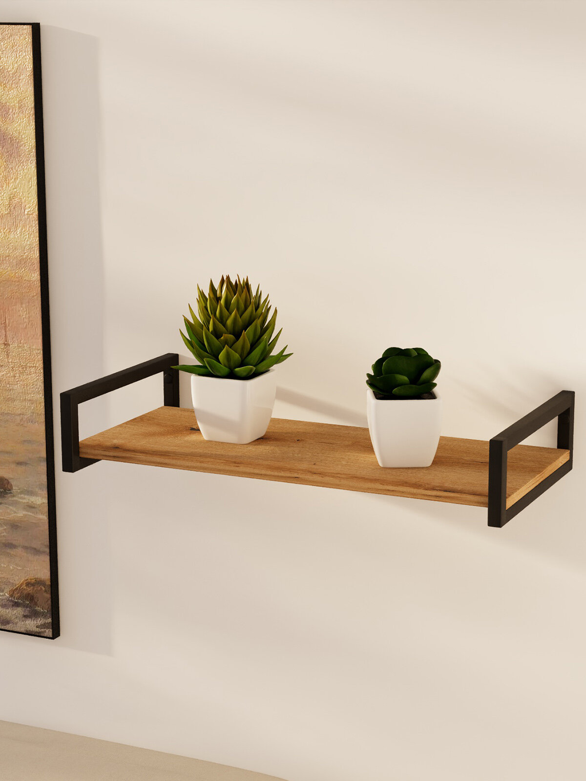 Настенная полка IamLoft, лофт, открытая, универсальная, ЛДСП/металл, ясень светлый, 69x33x12 см