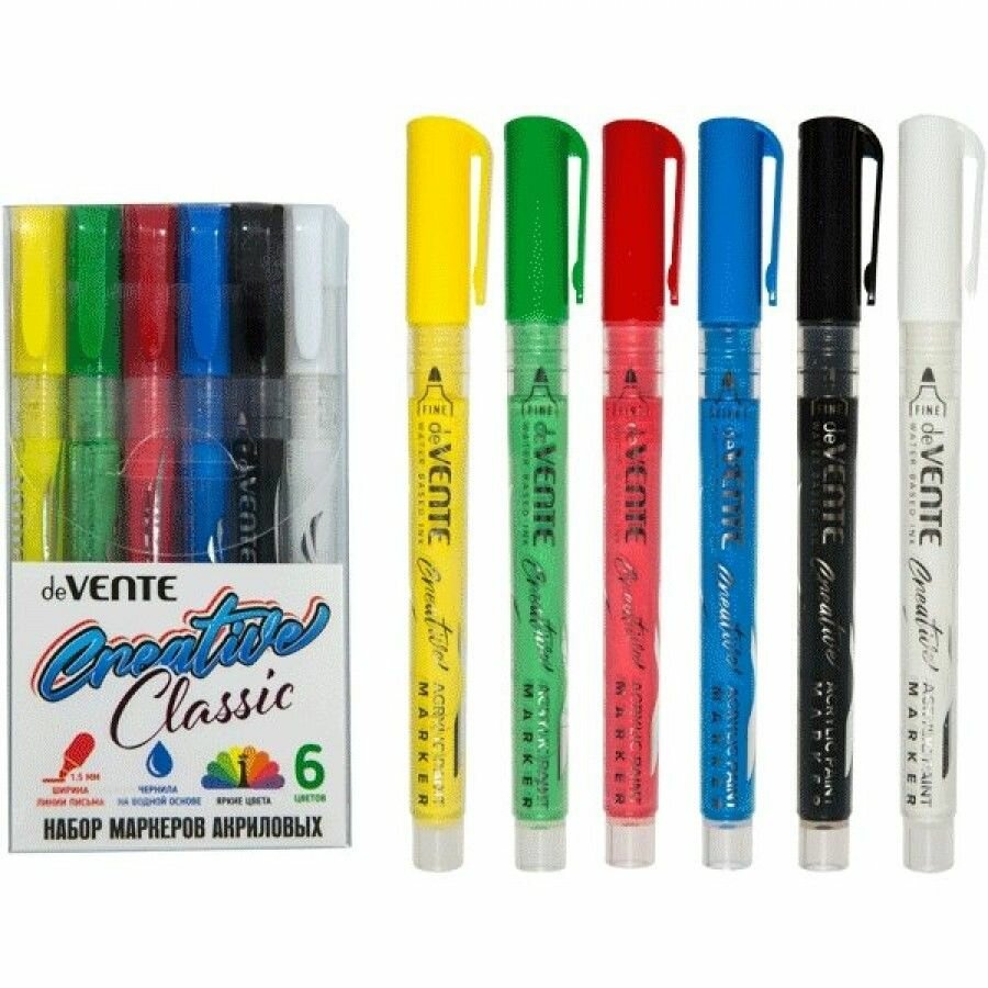 Набор акриловых маркеров deVENTE 6 цветов, Creative Classic 1,5 мм, пылевидные, пластиковая упаковка