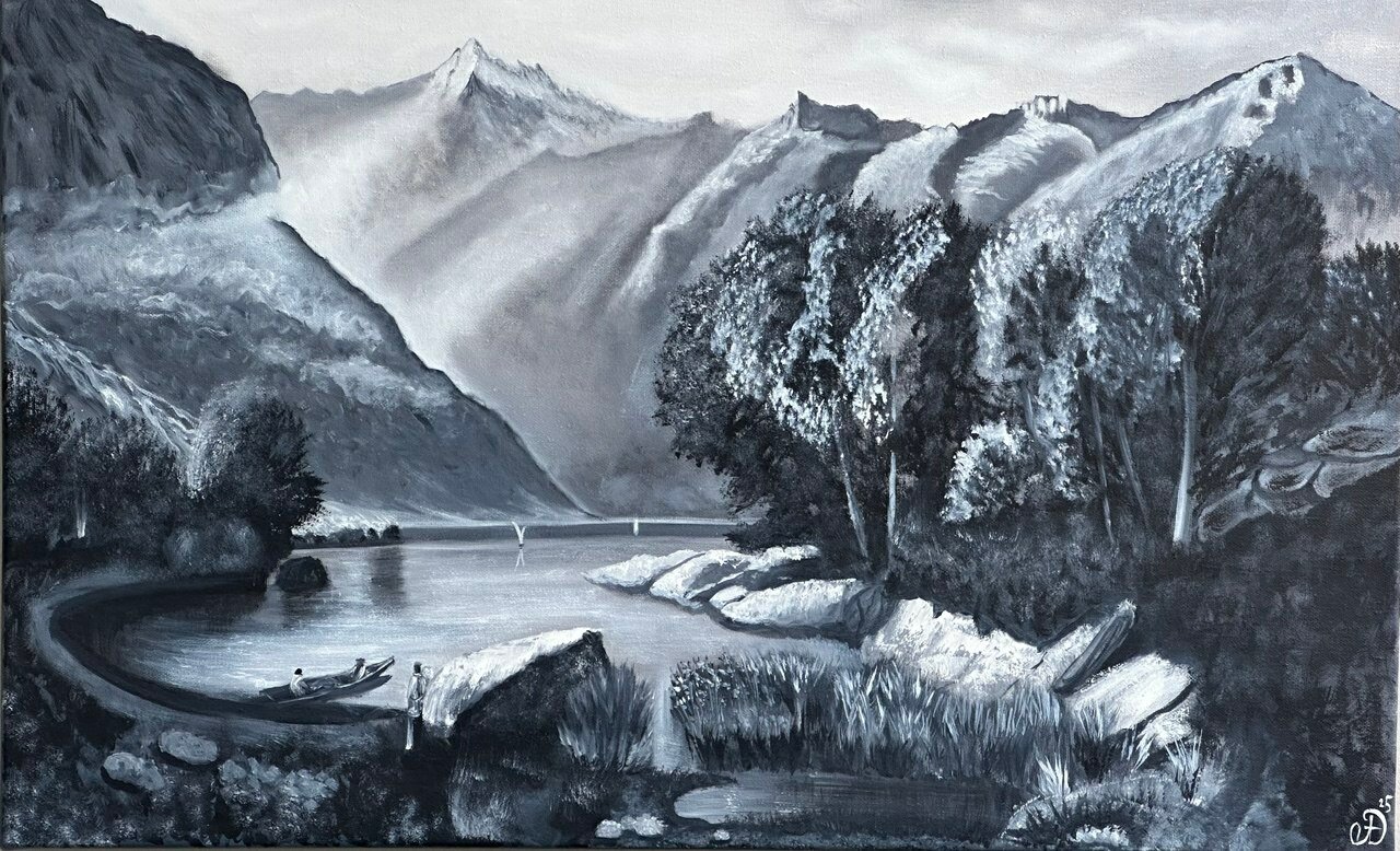 Картина маслом Вид на озеро Леман черно-белое, по мотивам Калам Александра, размер 50х80