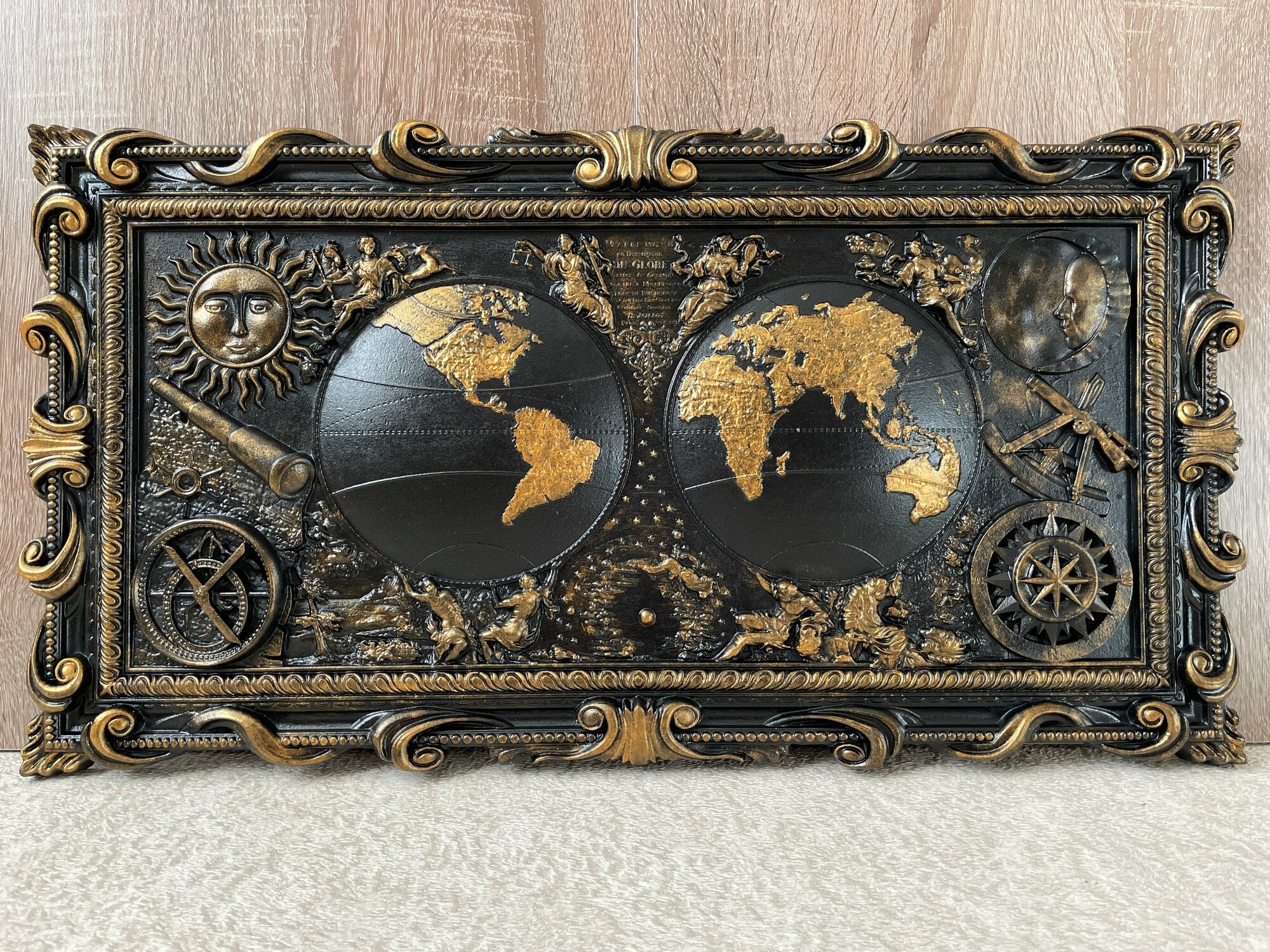 Панно|картина|Барельеф из гипса Карта мира |черное золото 63х33см