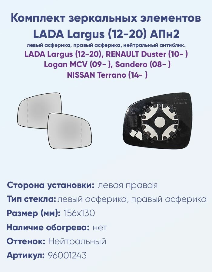 Комплект зеркальных элементов Лада Ларгус (12-20) с асферическими противоослепляющими зеркальными отражателями нейтрального тона. Без обогрева.
