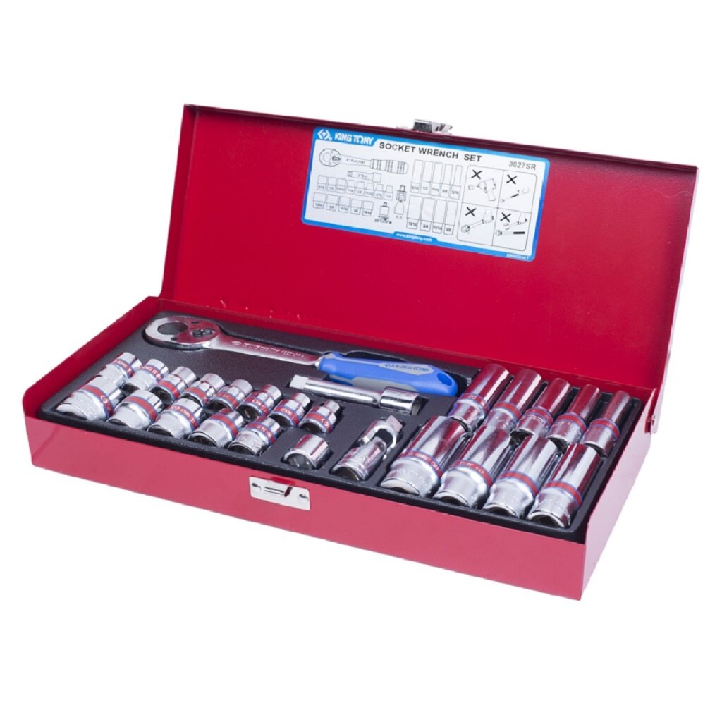 KING TONY Набор торцевых головок с принадлежностями 3/8", двенадцатигранные, 1/4"-13/16", 26 предмет 3027SR