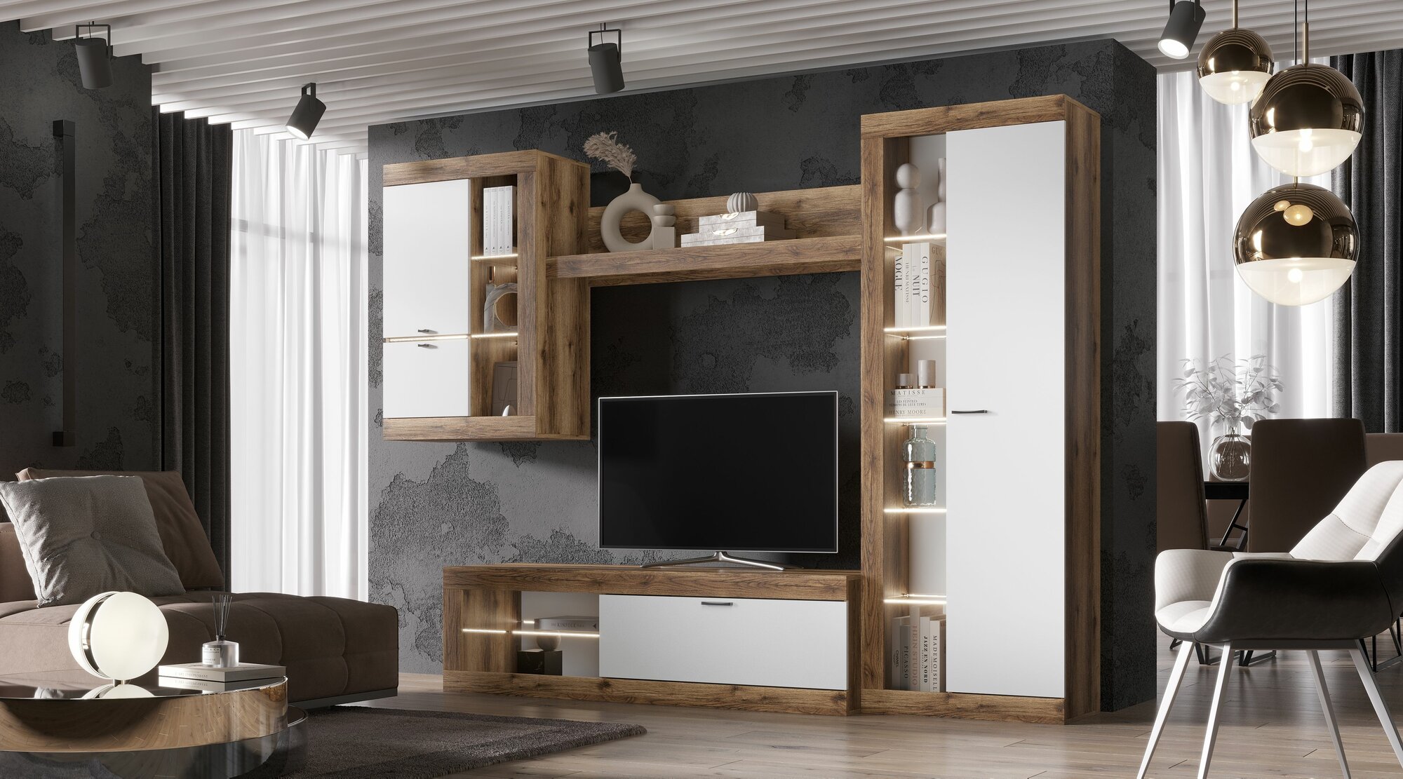 Комплект мебели для гостиной Прага с подсветкой (комп 20) Дуб Делано/Белый гладкий