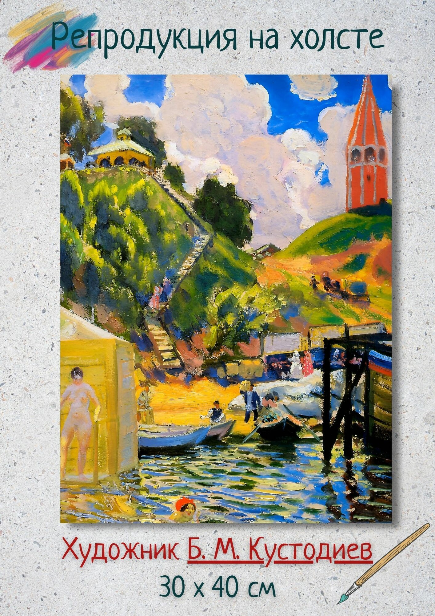 Кустодиев Борис Михайлович "Купание". Картина на холсте 30х40 см репродукция