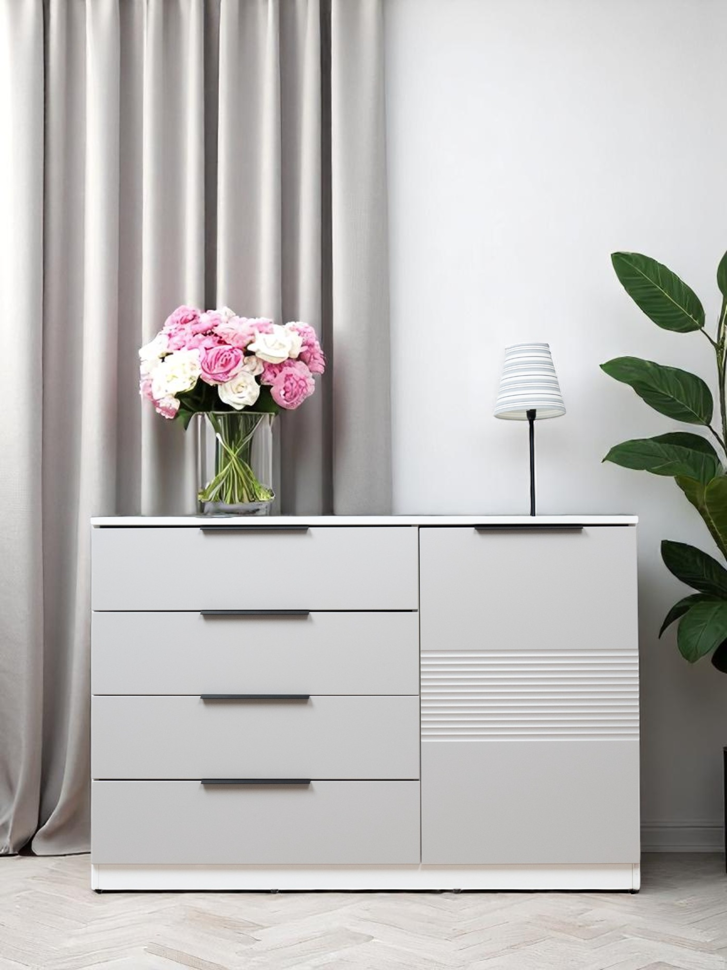 Комод для вещей деревянный 125 см Комод белый с серым фасадом Волна