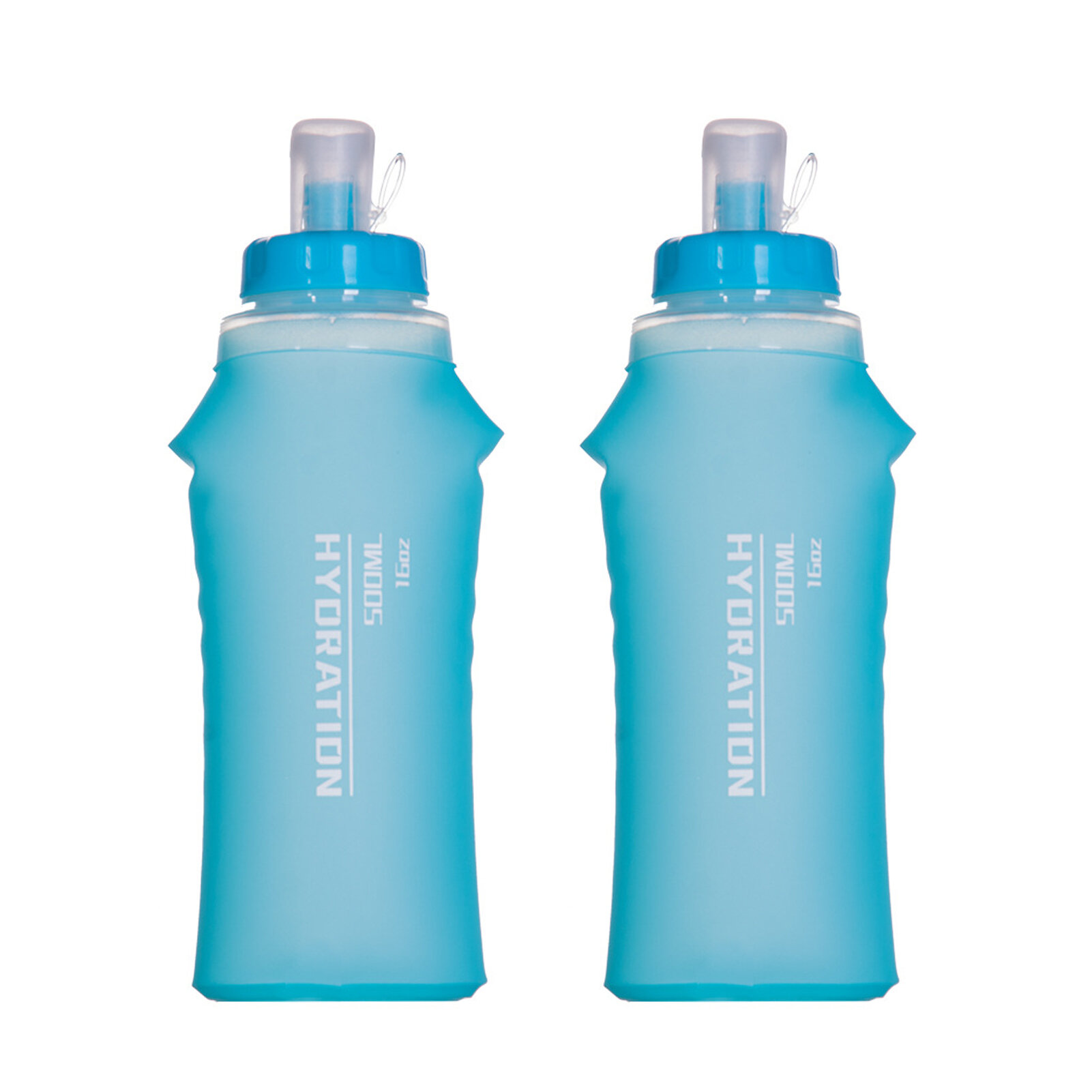 2pcs 500ml Blue Clear TPU Soft Flask Collapsible Sports Water Bottle 7.5*18.2cm 45g for Hydration Pack Running Hiking Cycling Climbing Jogging Marathon