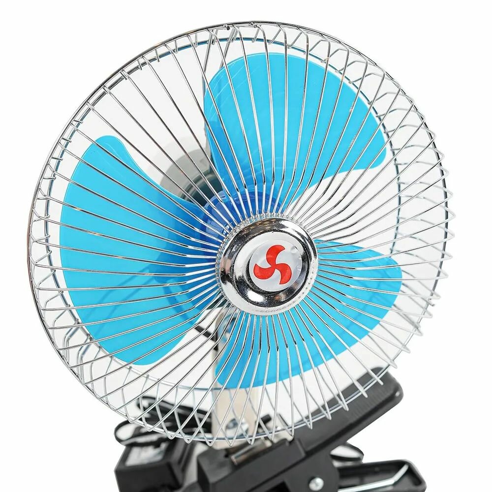 Вентилятор салонный 12V 8" с металлической решеткой и автоповоротом мощное охлаждение для автомобиля