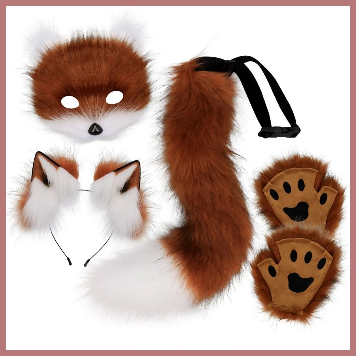 Хэллоуин маска, Мягкий набор лисы на Хэллоуин: маска, ушки, хвост и лапы для косплея, красновато-коричневато-белый