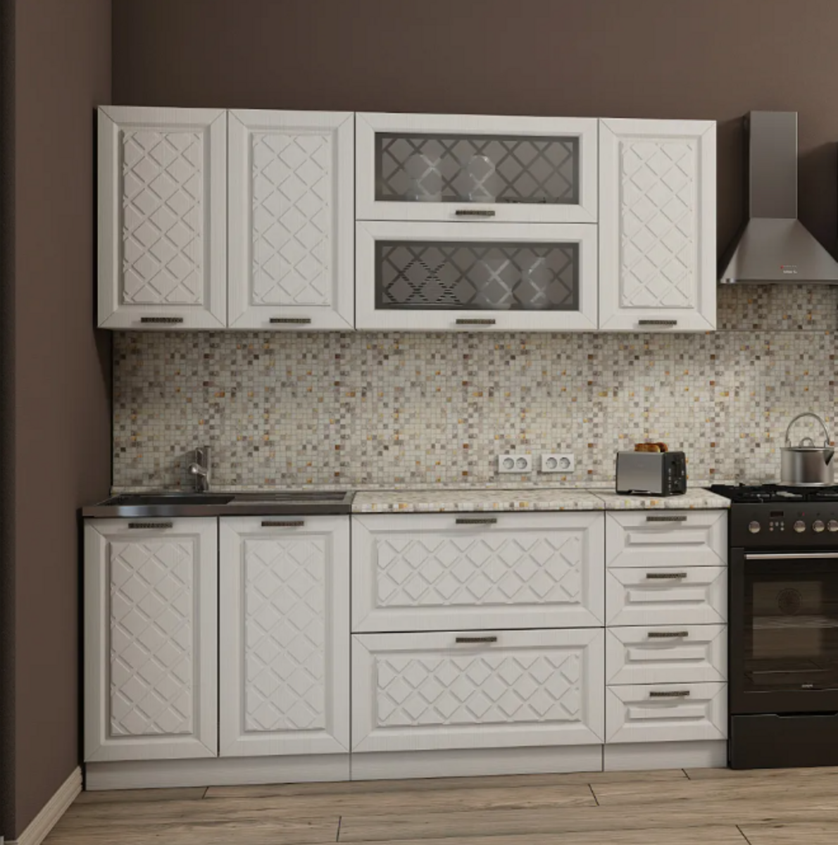 Кухонный гарнитур, кухня, готовый комплект Агава 2 м Акация белая горизонтальными дверцами