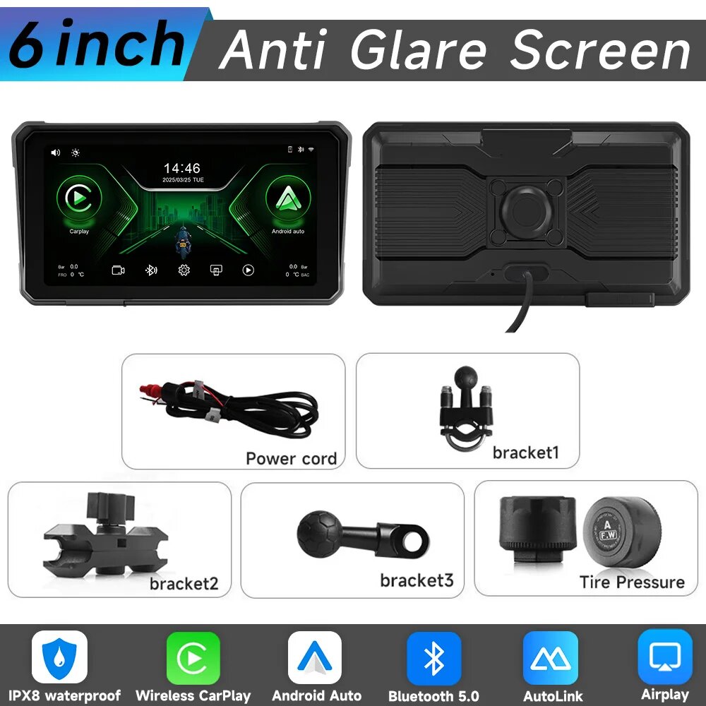 Jiuyin 6-дюймовый мотоцикл Беспроводной Apple Carplay Android Auto Портативный навигационный GPS-экран Ipx8 Водонепроницаемый дисплей Bluetooth M590-TMPS