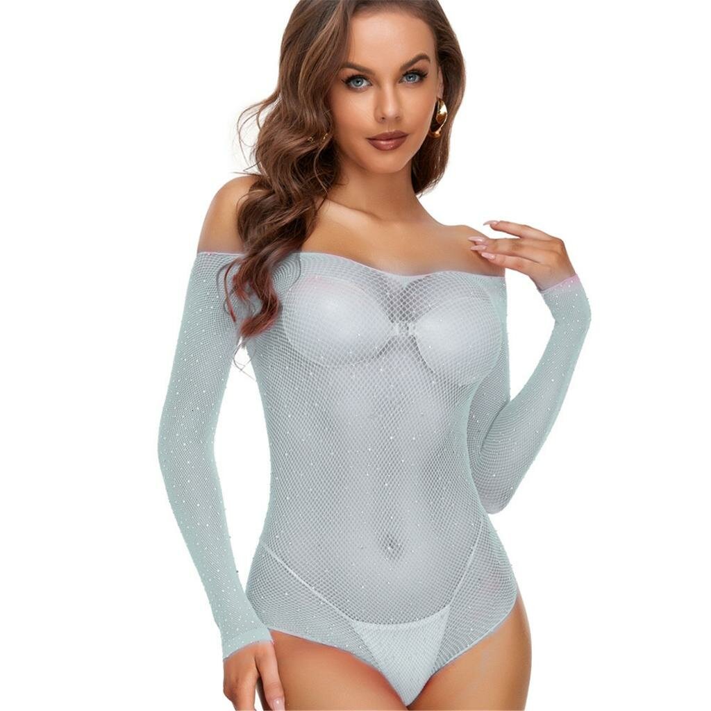 Носки, Женское ажурное боди с длинным рукавом, украшенное блестящими стразами, сетчатое нижнее белье Babydoll