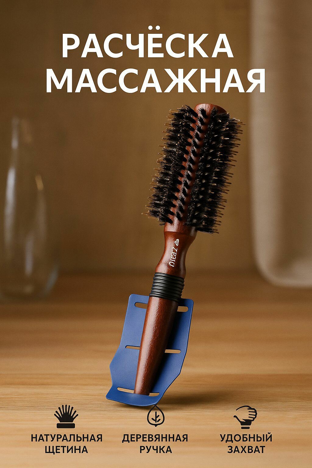 Щетка брашинг для волос круглая с натуральной щетиной