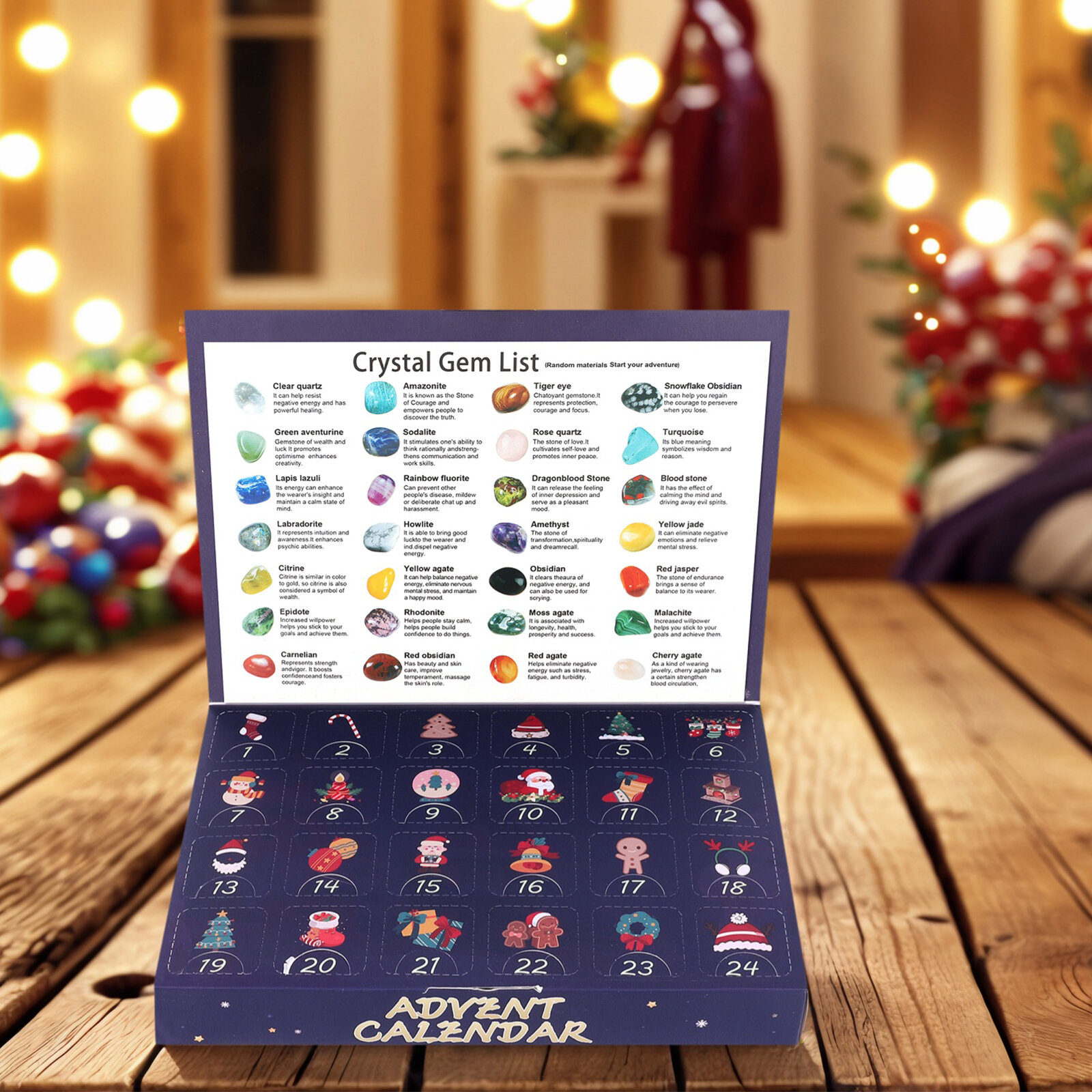 Рождественский адвент календарь с 24 натуральными камнями Коробка-сюрприз с минералами и кристаллами Подарок для детей и взрослых