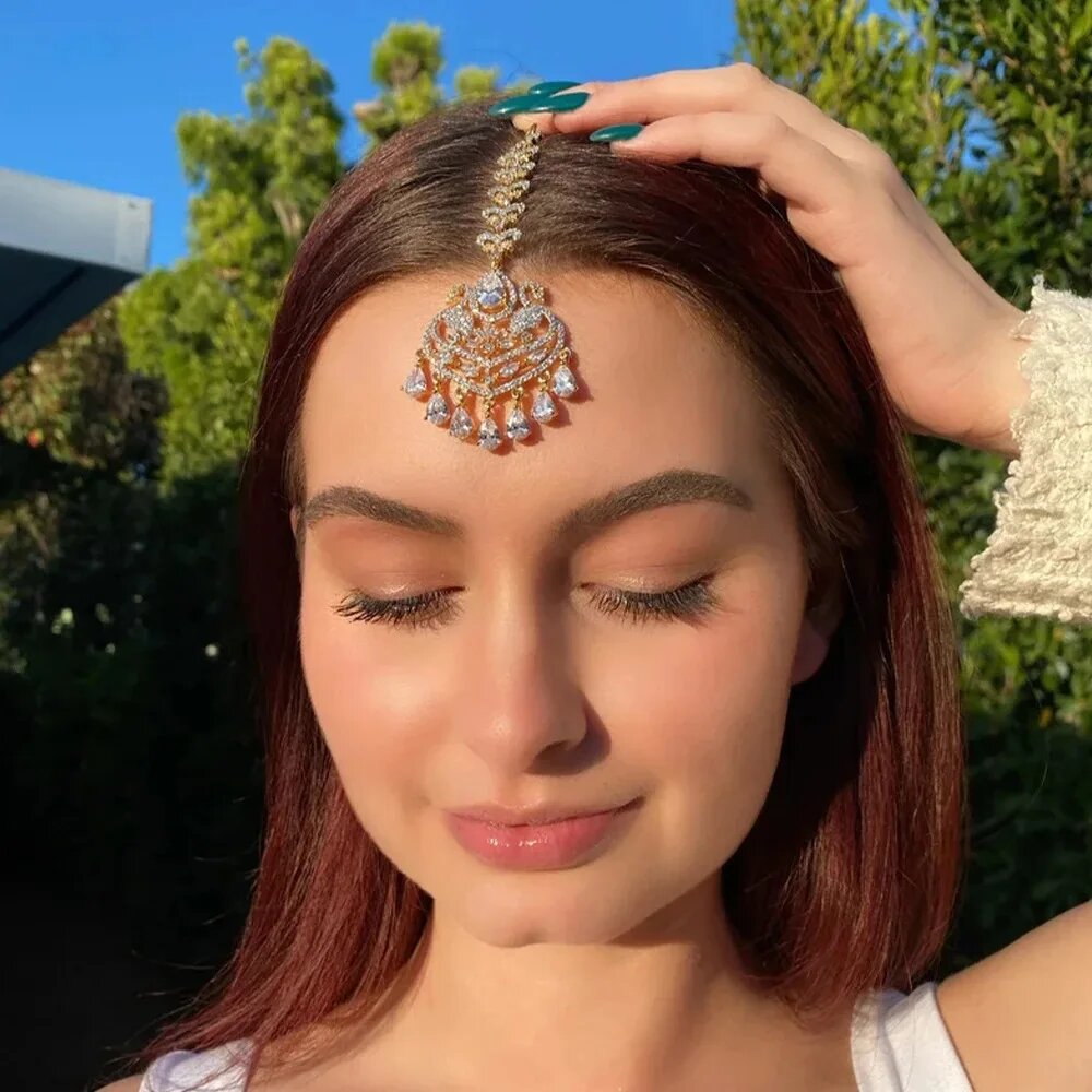 Индийская тиара с бахромой из горного хрусталя E gold color