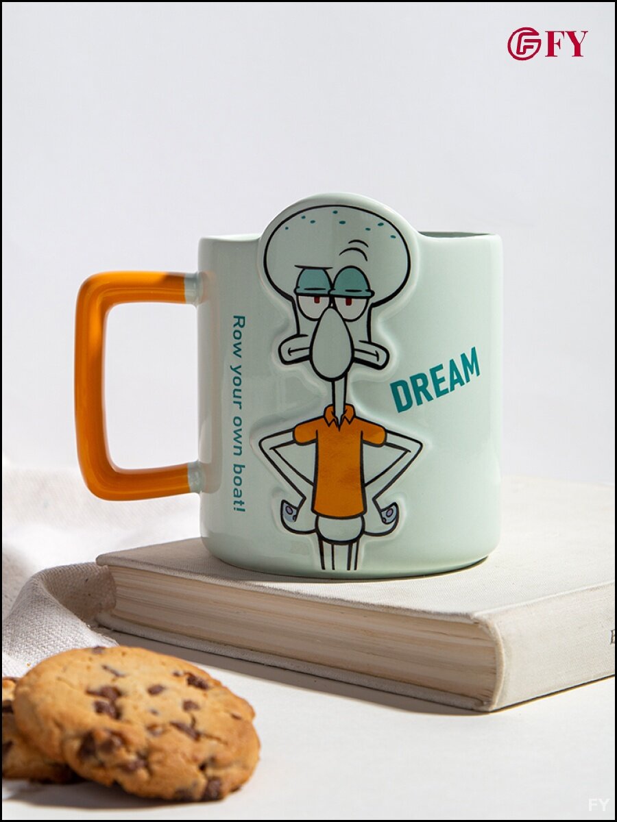 Кружка Gift Mug "Сквидвард", для СВЧ и посудомойки, керамическая, с ложкой, голубая