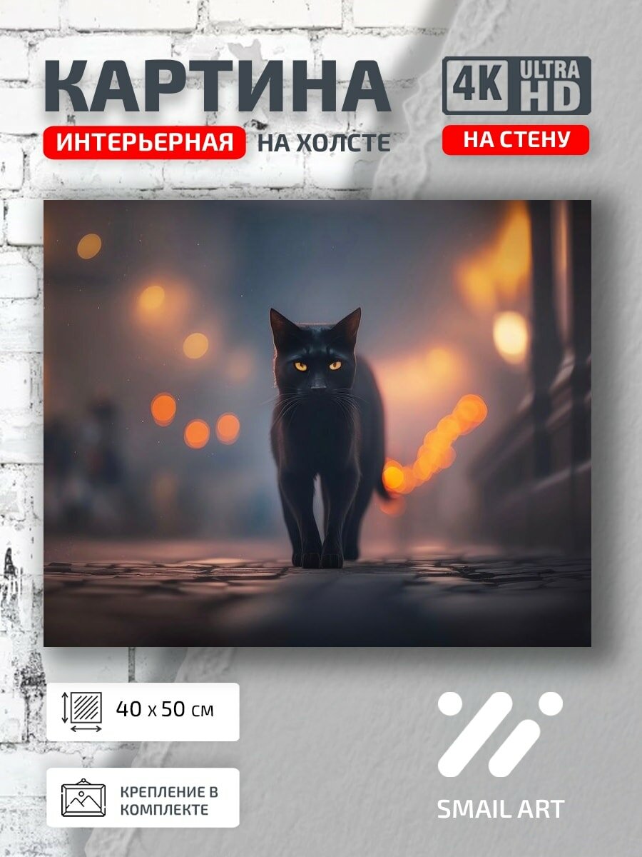 Картина на холсте интерьерная 40 на 50 на стену Черный кот для офиса атмосфера