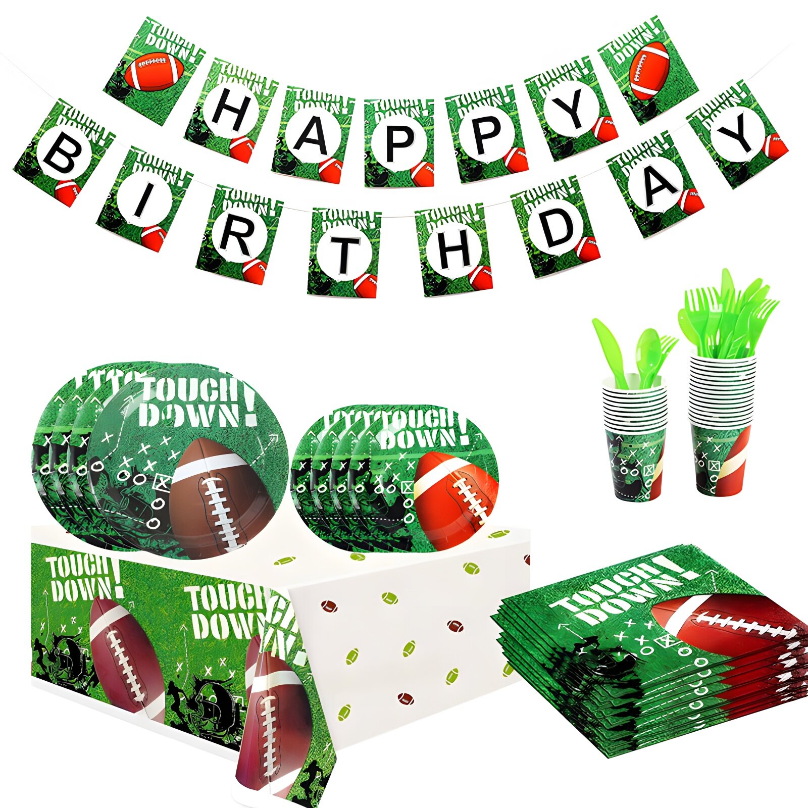Набор для вечеринок Football Decoration Party Supplies, обслуживающий 16 человек, включает тарелки для обеда, тарелки для десерта, салфетки, стаканы и футбольный скатерть, 9-типный тематический набор для вечеринок, вес 0.7 кг, упаковка в цветную