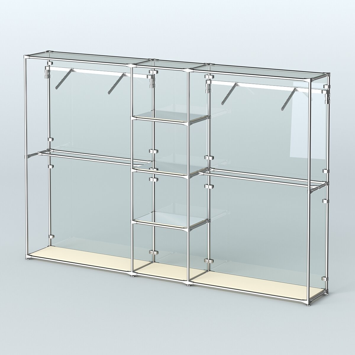 Торговая система хром (задняя стенка - стекло) 3600 мм с зеркальными полками и поручнями №12, Крем Вайс