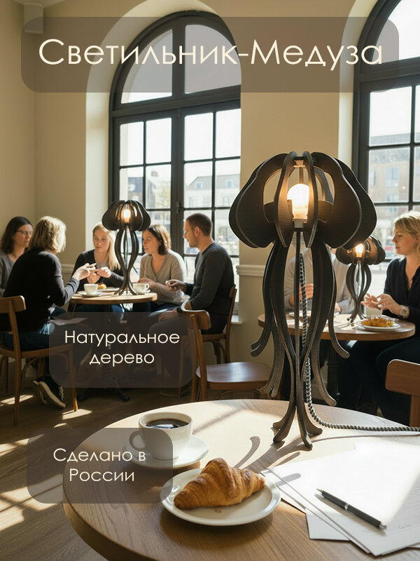 Светильник "Медуза" Obsidian Black, дерево, светодиодный, теплый белый свет, E14