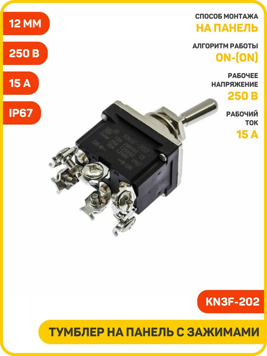 Тумблер DAIER на панель с клеммными зажимами под винт ON/ON DPDT 250 В/15 А IP67 (12 мм) (KN3F-202)