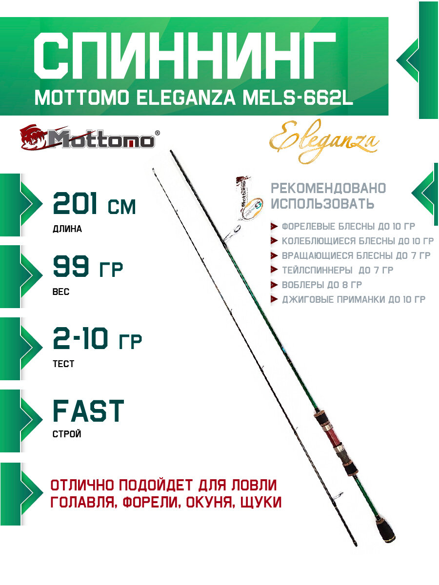 Спиннинг Mottomo Eleganza MELS-662L 201см/2-10g на щуку, окуня