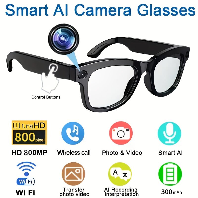 Smart Camera Glasses with 8MP Ultra-Wide Camera HD 1080P, Blue Light Blocking, AI Voice Control, 4H Playtime, Wi-Fi/Bluetooth 5.4 for HD Video & Immersive Audio, Virtual Meeting Accessory, Ultra-Wide Smart Camera, Minimalist Smart Accessory, Tech