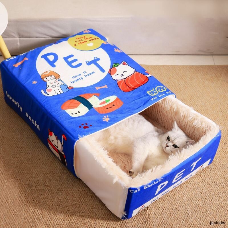 Коробка с нулевыми продуктами, кошачья конура, прямоугольная кровать, полностью закрытая коробка с печеньем, четыре сезона, "M" (47x37x17см)