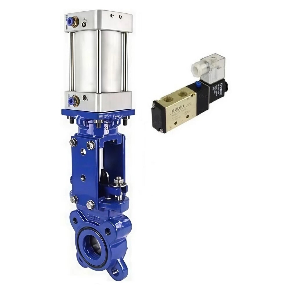 Задвижка шиберная DN.ru GGG40-304-EPDM-2W-Fb-2P Ду80 Ру16 двусторонняя, межфланцевая, шпиндель - выдвижной, корпус - чугун GGG40, шибер - нерж. сталь 304, EPDM, WENZ, с пневмоприводом и пневмораспределителем PND3-S1EM-52-1NC-J08-220VAC KUOIN (опрессовано)