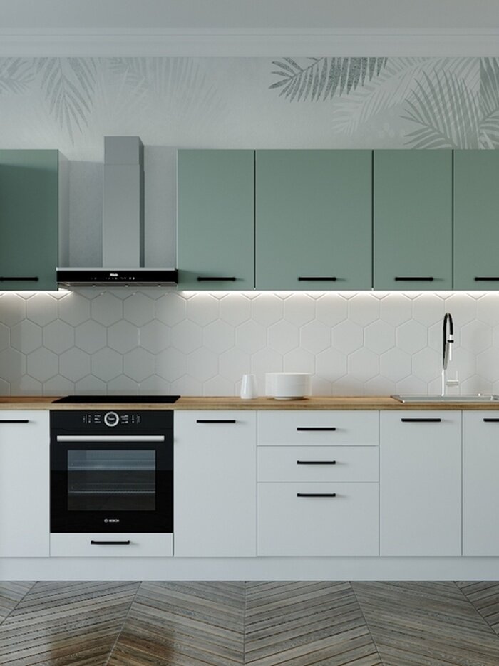 Кухонный гарнитур прямой «муссон», 2800×600 мм, цвет жемчуг/муссон дуб Вотан