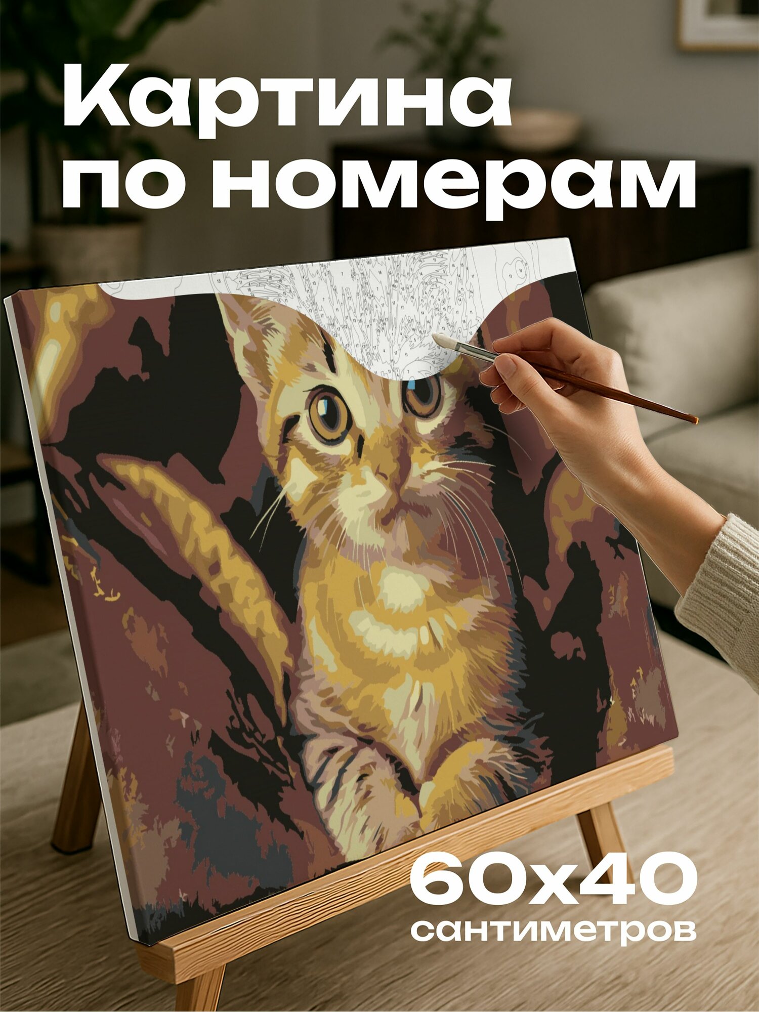Картина по номерам 60x40 см, Котенок, уникальная шерсть, красивые цвета, богатые ткани, драгоценные камни, f