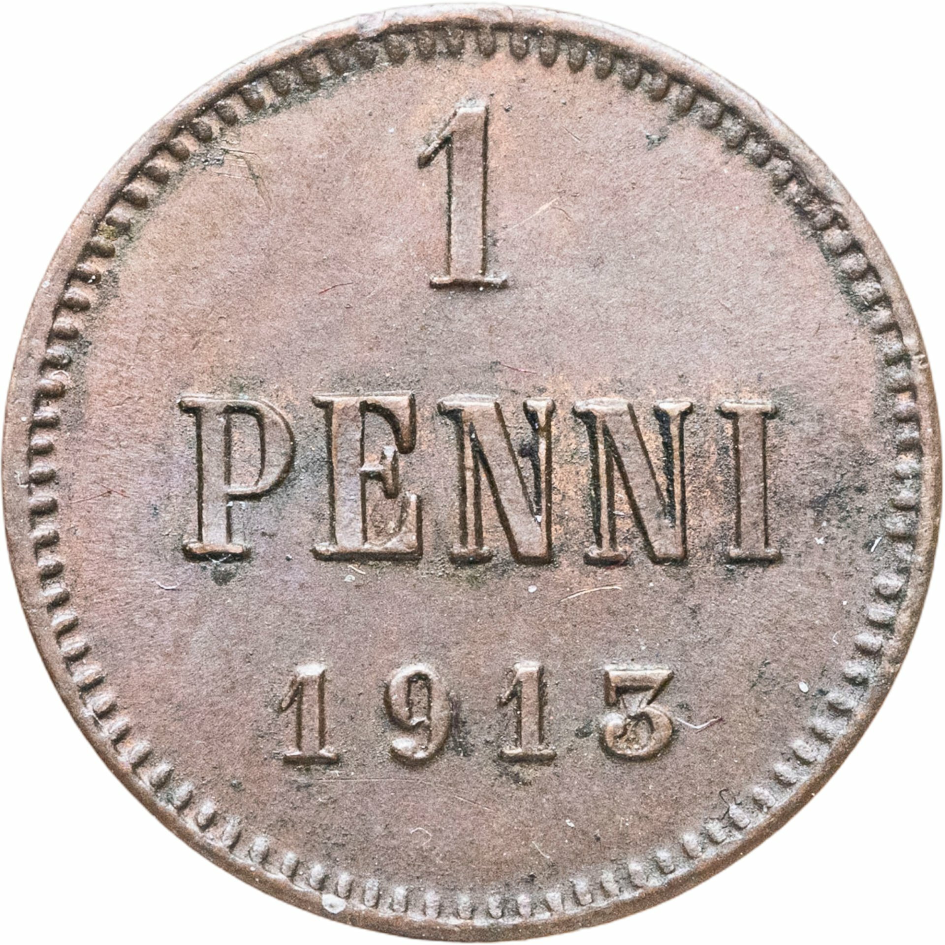 1 пенни penni 1913 Российская Финляндия, Медь, в сохранности XF-AU