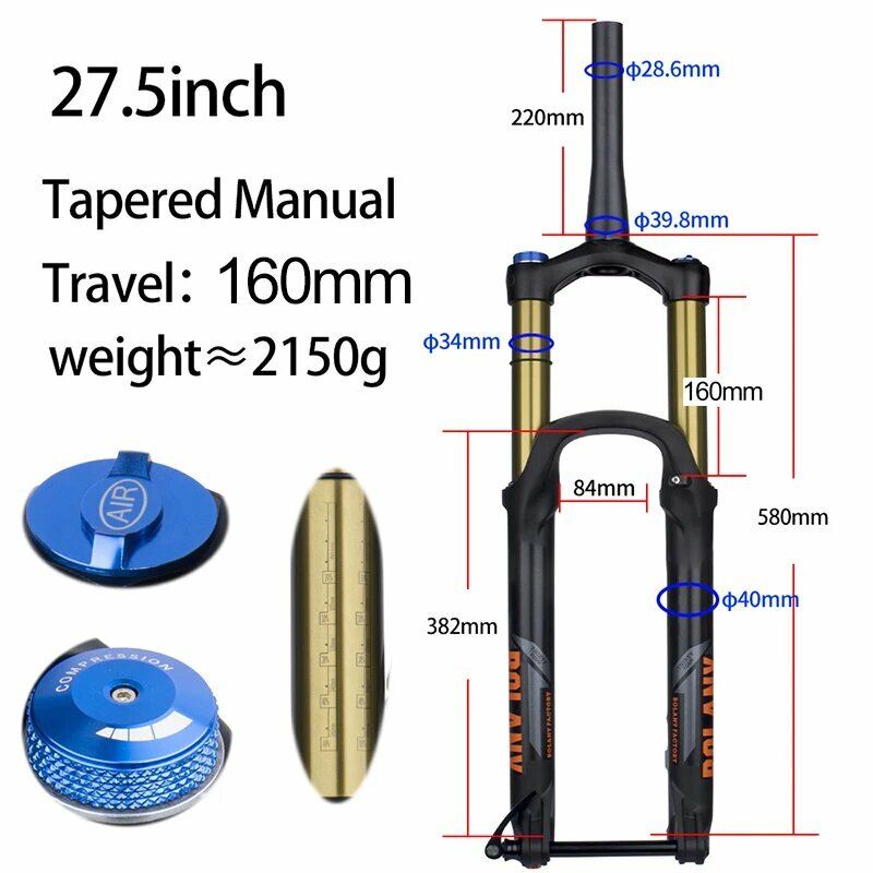 BOLANY MTB вело вилка 175 мм 27,5/29 дюймов Темно-синий, 27.5 Manual 160-Gold