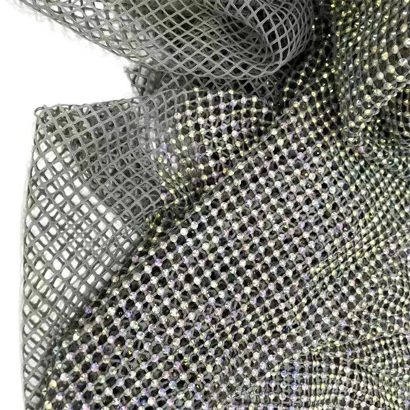 OMZHIMO Эластичная сетка с стразами SS10 50cm X 100cm, Grey fabric ab