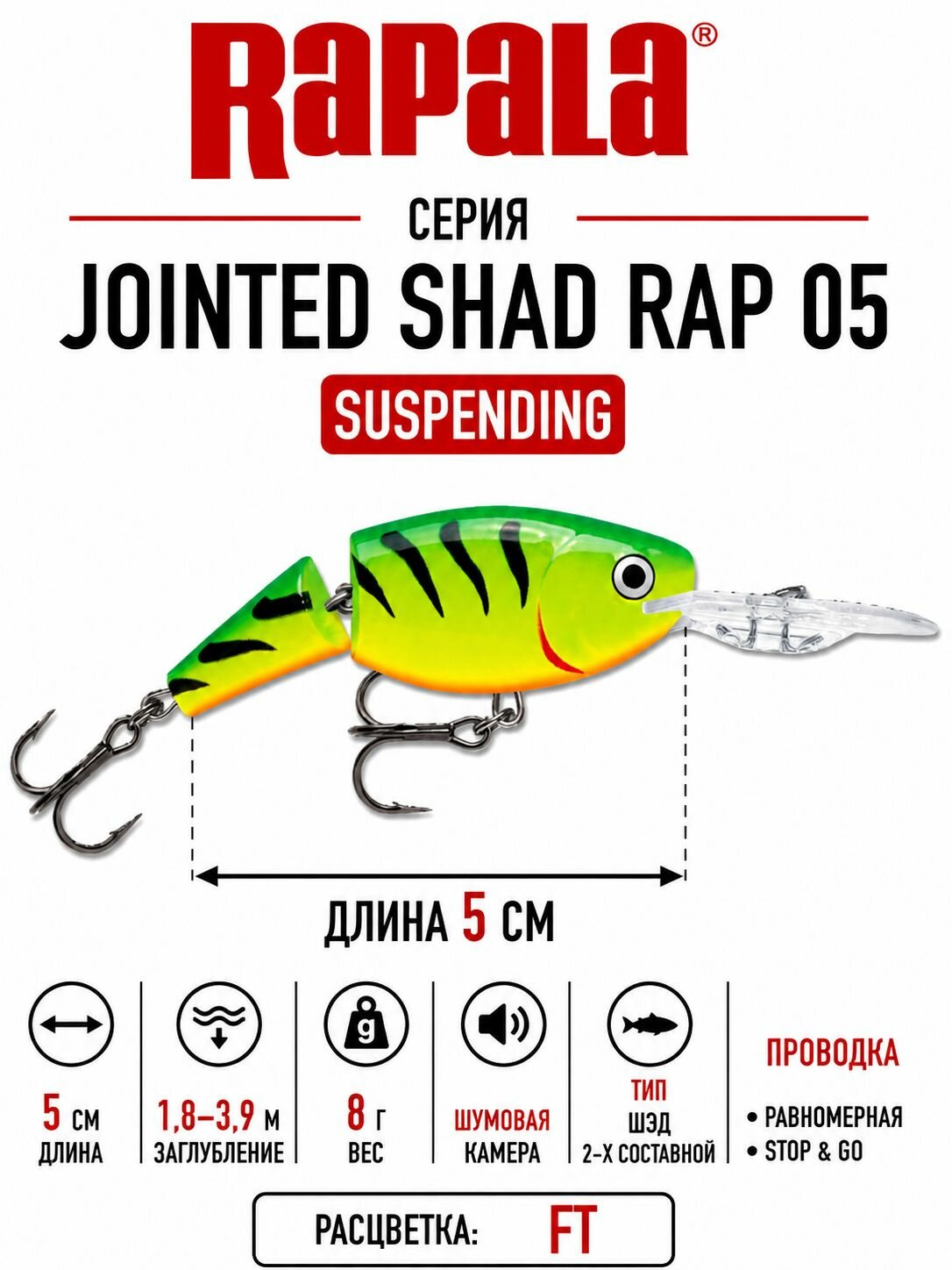Воблер RAPALA Jointed Shad Rap 05 FT суспендер 1,8-3,9м, 5см, 8гр ++
