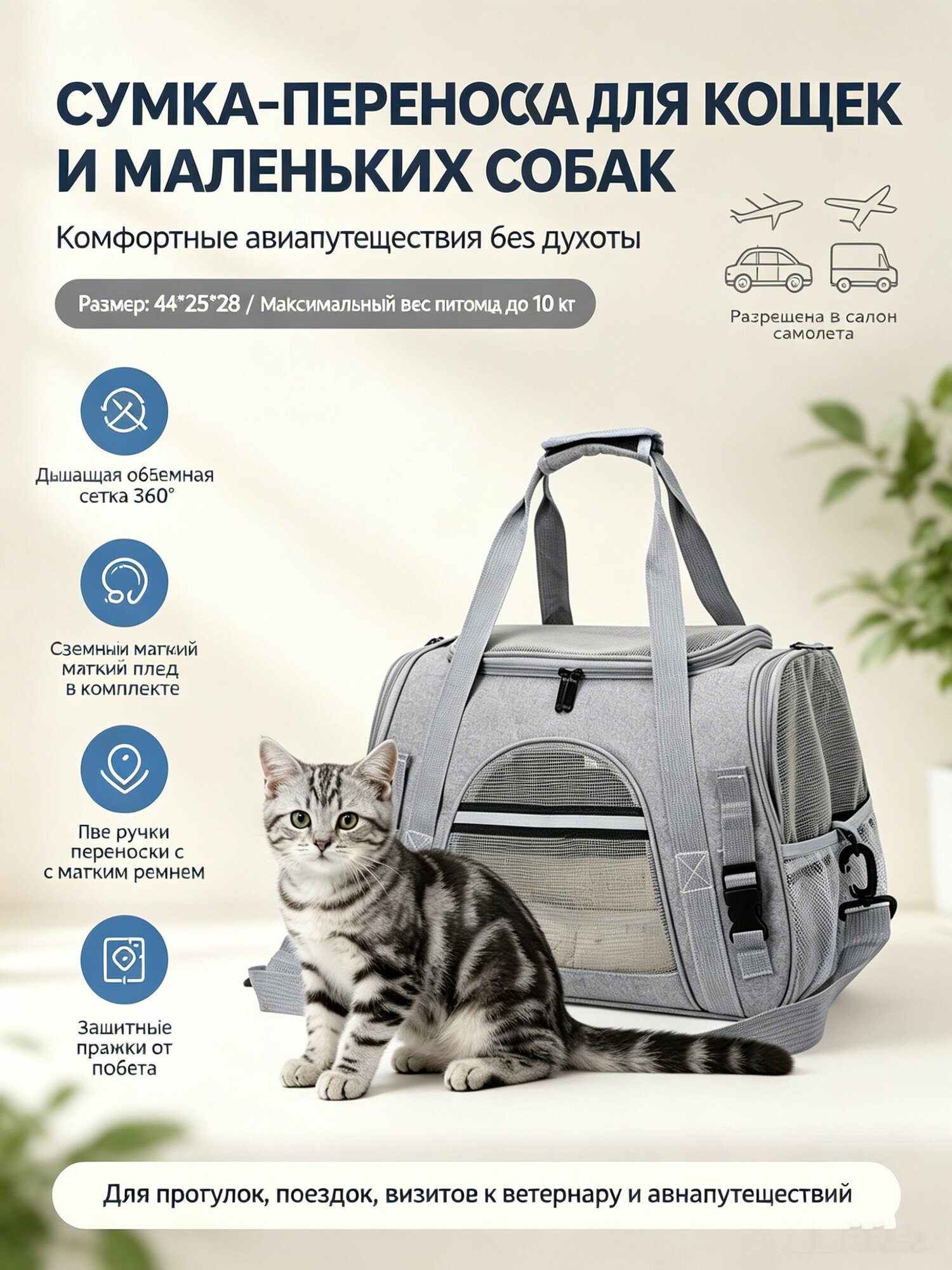 Сумка-переноска для кошек и маленьких собак до 10 кг, авиапереноска для путешествий в самолете, мягкая транспортная сумка с вентиляцией 360, размер 442528 см