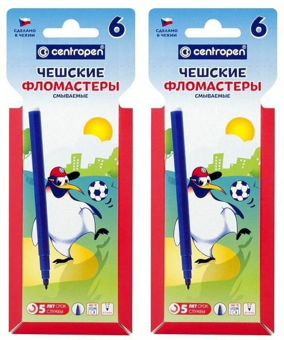 Centropen Фломастеры пингвины 6 цветов , 2уп.
