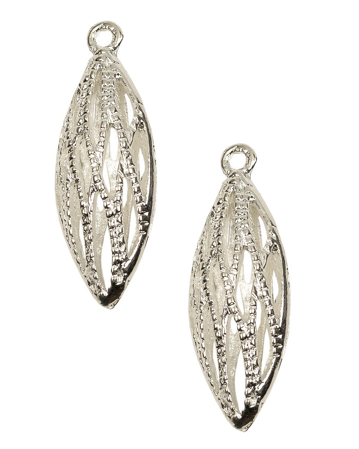 Подвеска филигранная веретено 28х10х7,5 мм, отверстие - 1,5 мм, латунь с посеребрением, 2 шт.