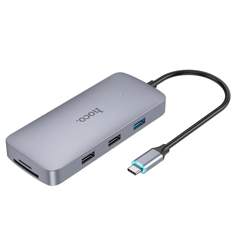 HUB адаптер HOCO HB33 10-in-1, Разветвитель Type-C to HDMI+RJ45+VGA+USB2.0*2+USB3.0+SD+microSD+PD100W+AUX3.5mm, Серый