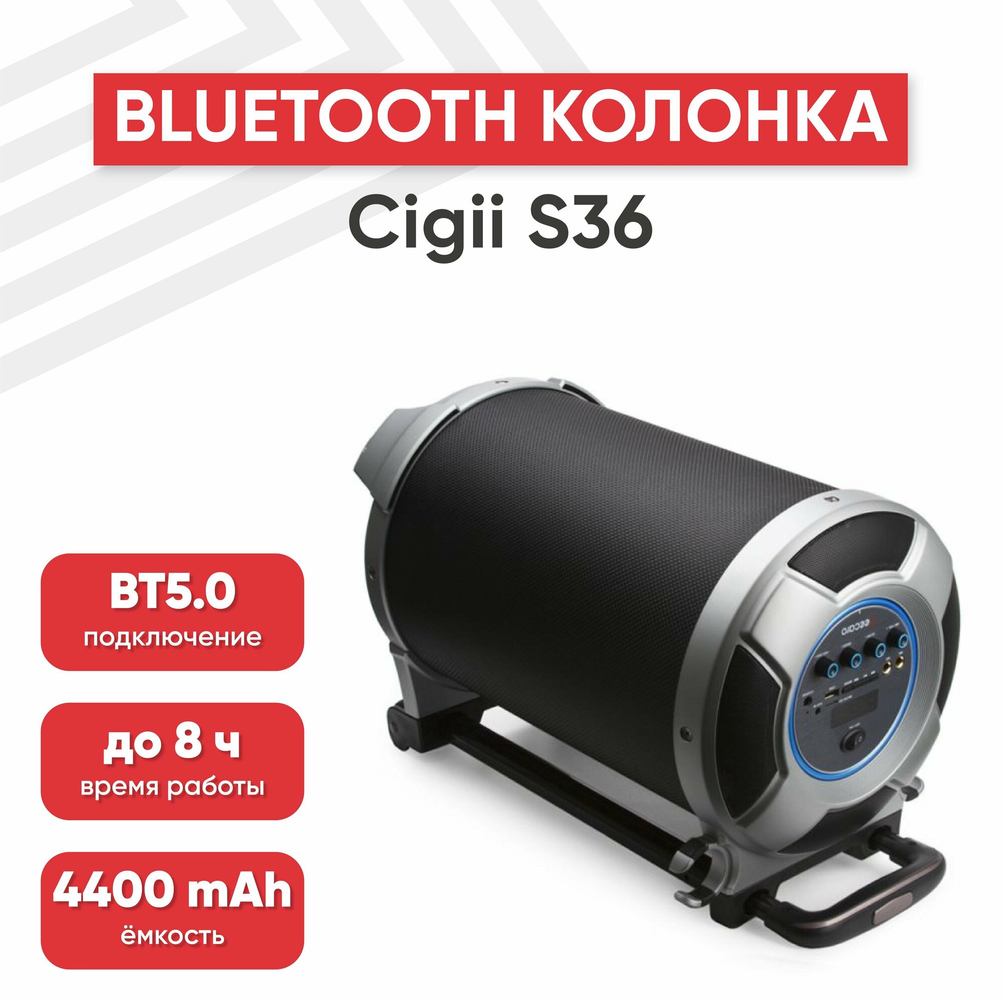 Портативная колонка Cigii S36, 4400мАч, 2 динамика 3Вт, напольная, USB, MicroSD, AUX, Mic*2, эквалайзер + беспроводной микрофон, черный