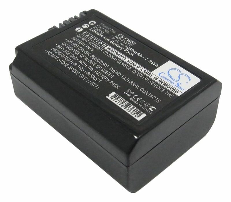 Аккумулятор Cameron Sino для фотоаппарата Sony NEX-5, NEX-6, NEX-7, NEX-3, NEX-C3, SLT-A37, Alpha 7, ILCE-7, A6000, ILCE-6000, p/n: NP-FW50, 1080мАч