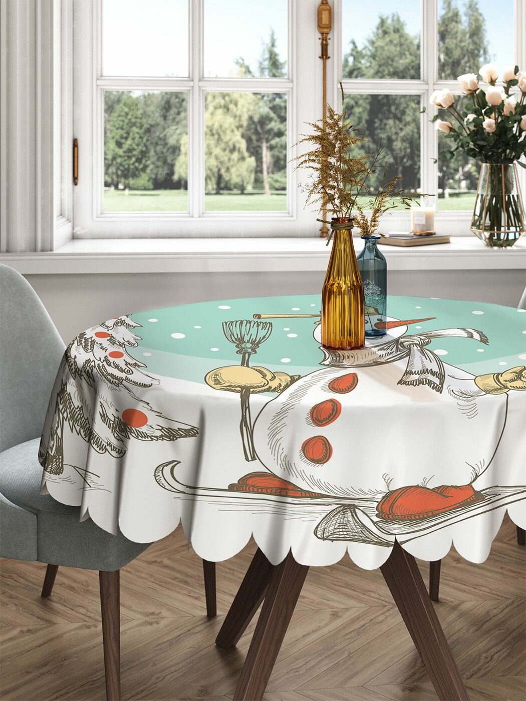 Скатерть на круглый стол с рисунком "Снеговик на лыжах", JoyArty, 150х150